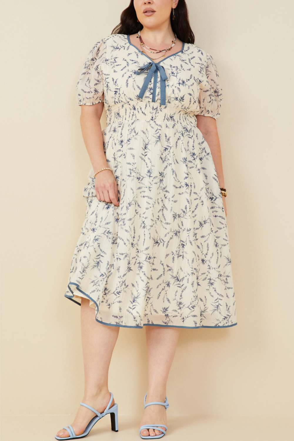 Maxine Bow Detail Smocked Waist Floral Midi Dress in Blue – Ari + Ava