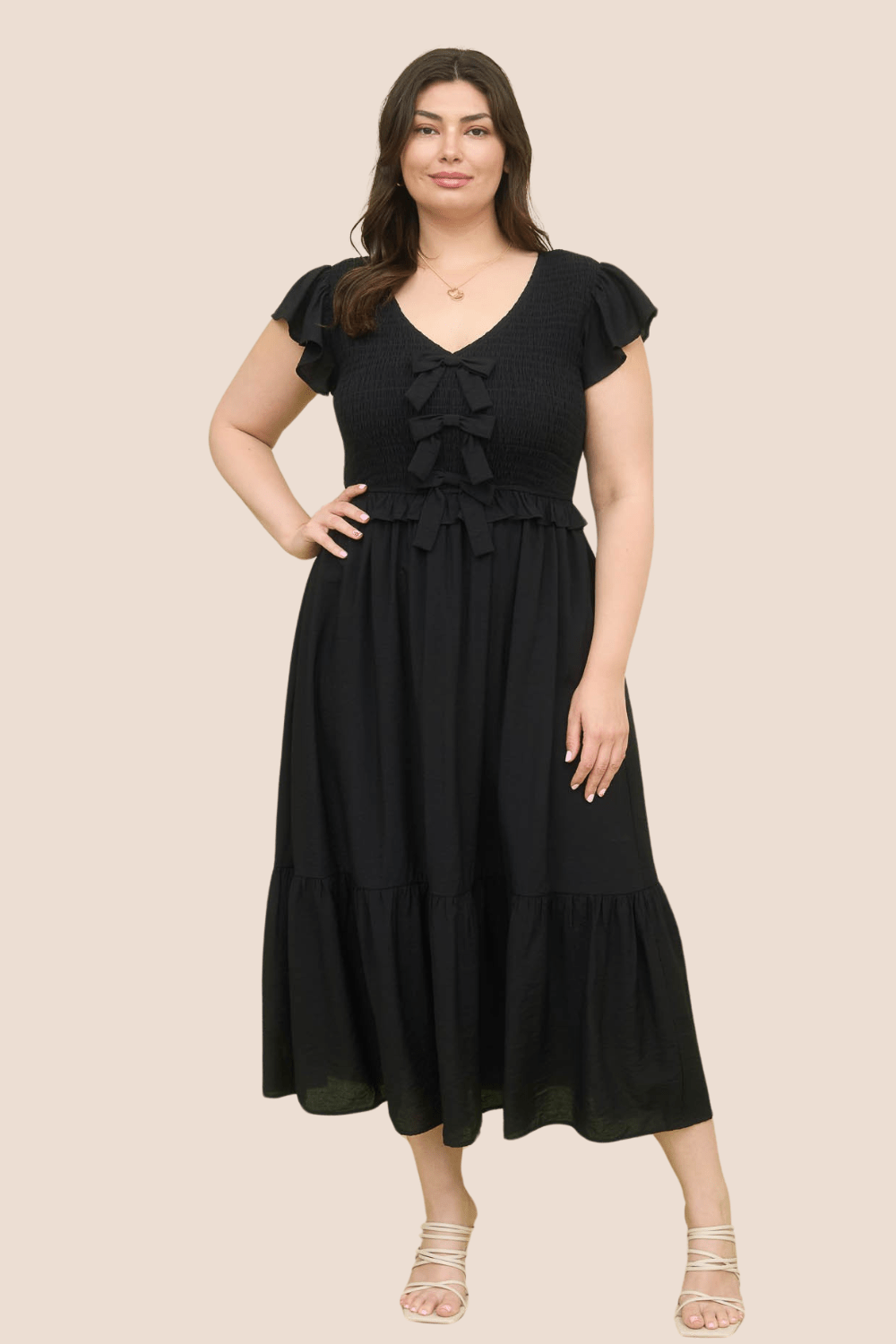Marie Bow Detail Smocked Ruffled Midi Dress in Black – Ari + Ava